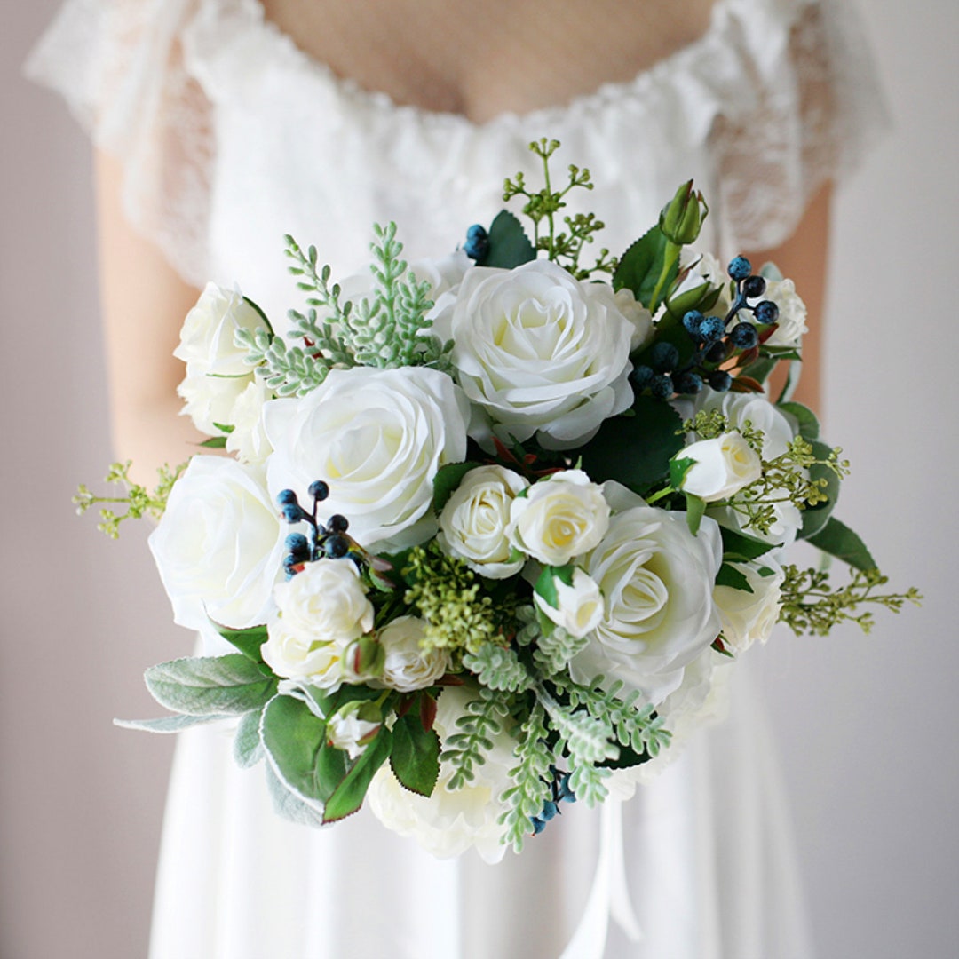 White Rose and Blueberries Bridal Bouquet, White Rose Classic Wedding ...