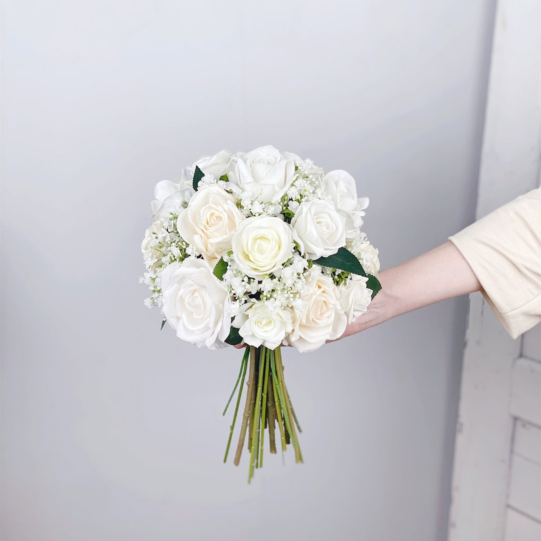 Baby's Breath and Rose Wedding Bouquet, White and Ivory Bridal Bouquet, Rustic Wedding Flower ...