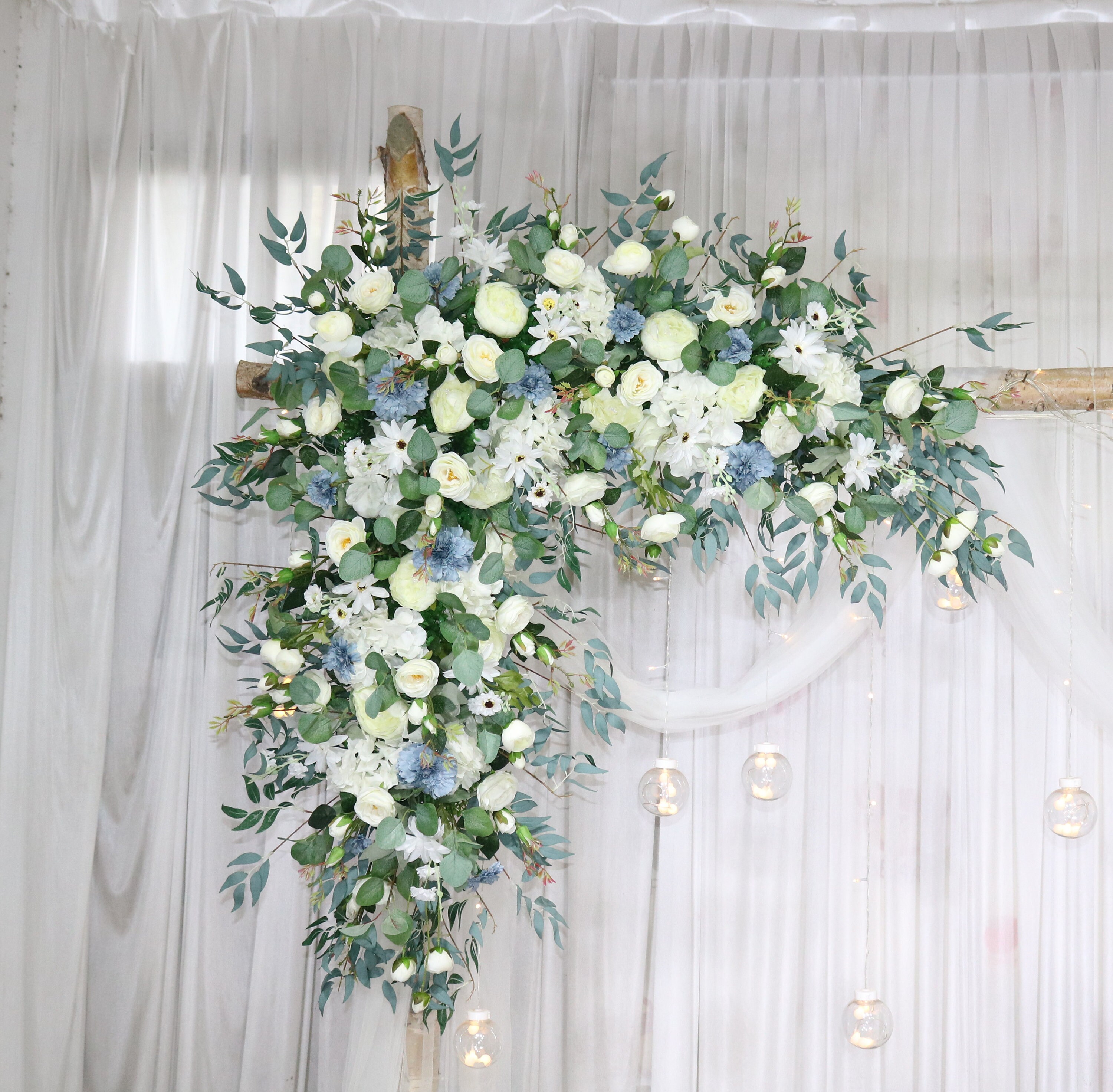 White, Dusty Blue Flower Arch for Wedding, Dusty Blue Wedding Corner ...