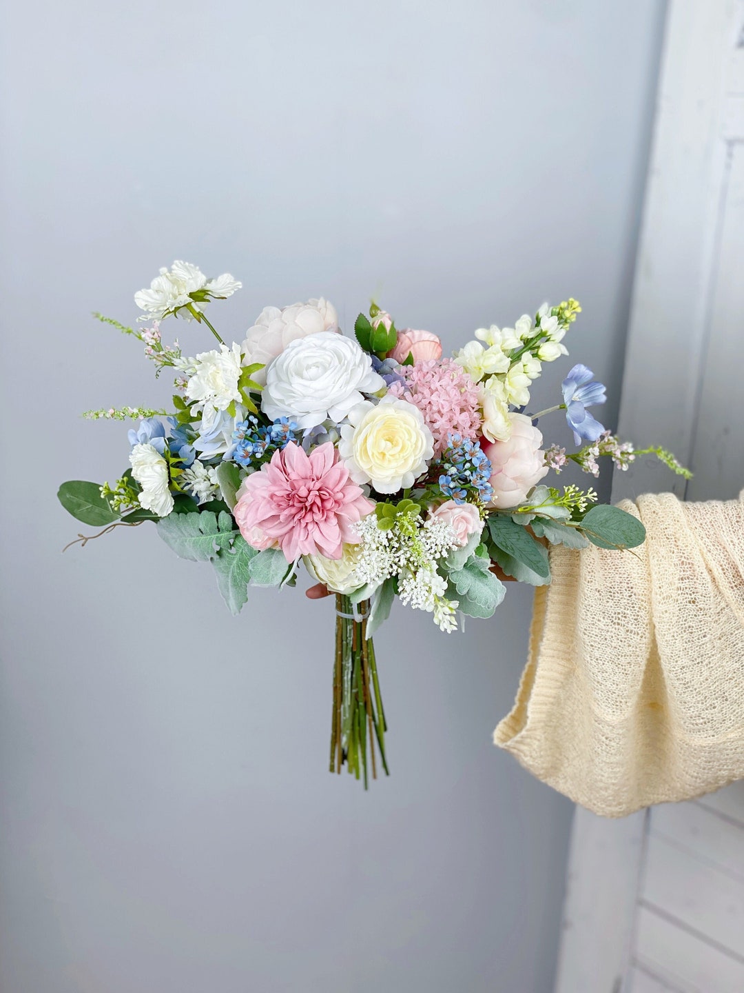 Pink & Blue Bridal Bouquet, Boho Wedding Bouquet, Wedding Flower ...