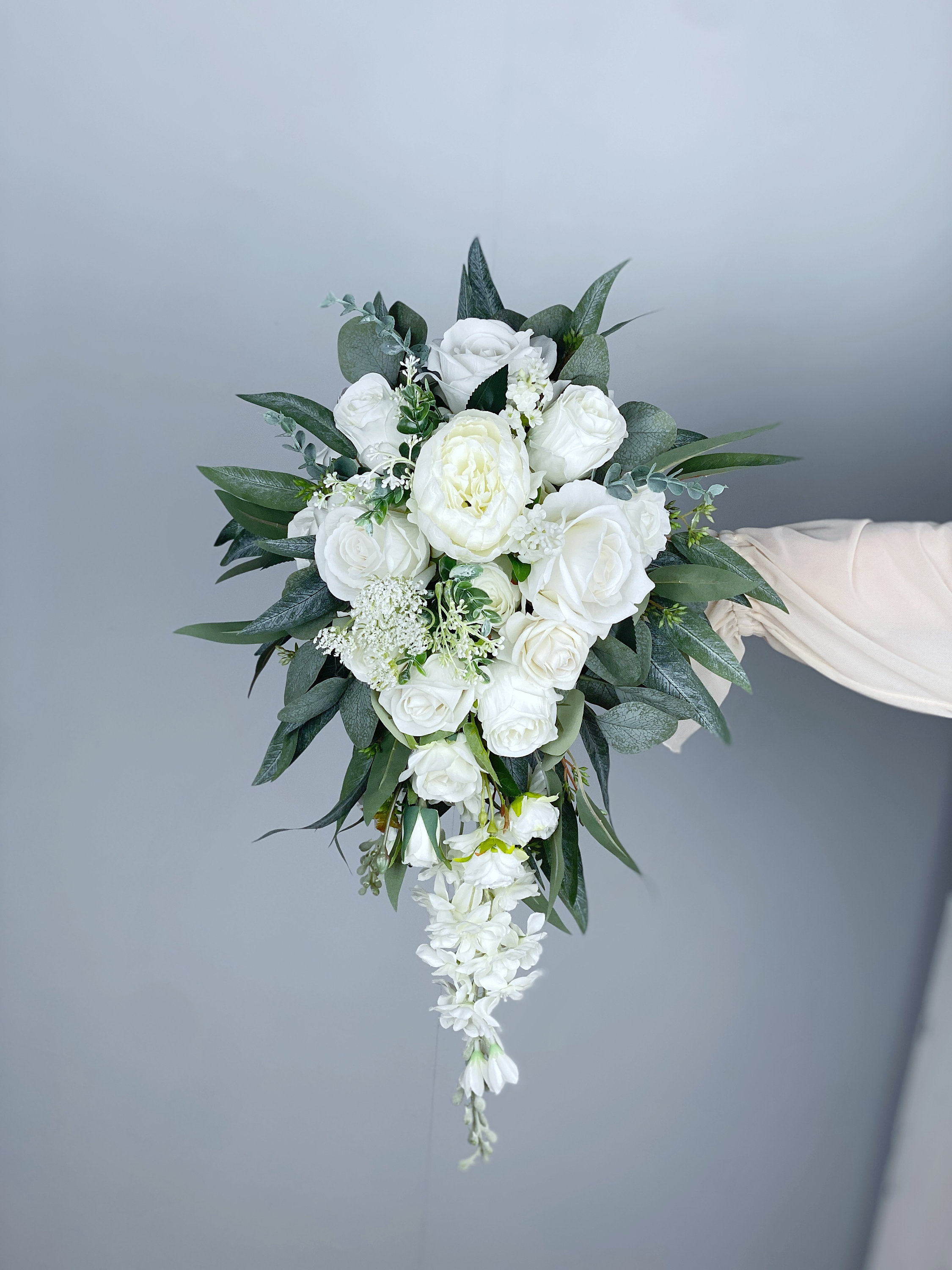 Cascading White Bridal Bouquet White and Emerald Green - Etsy