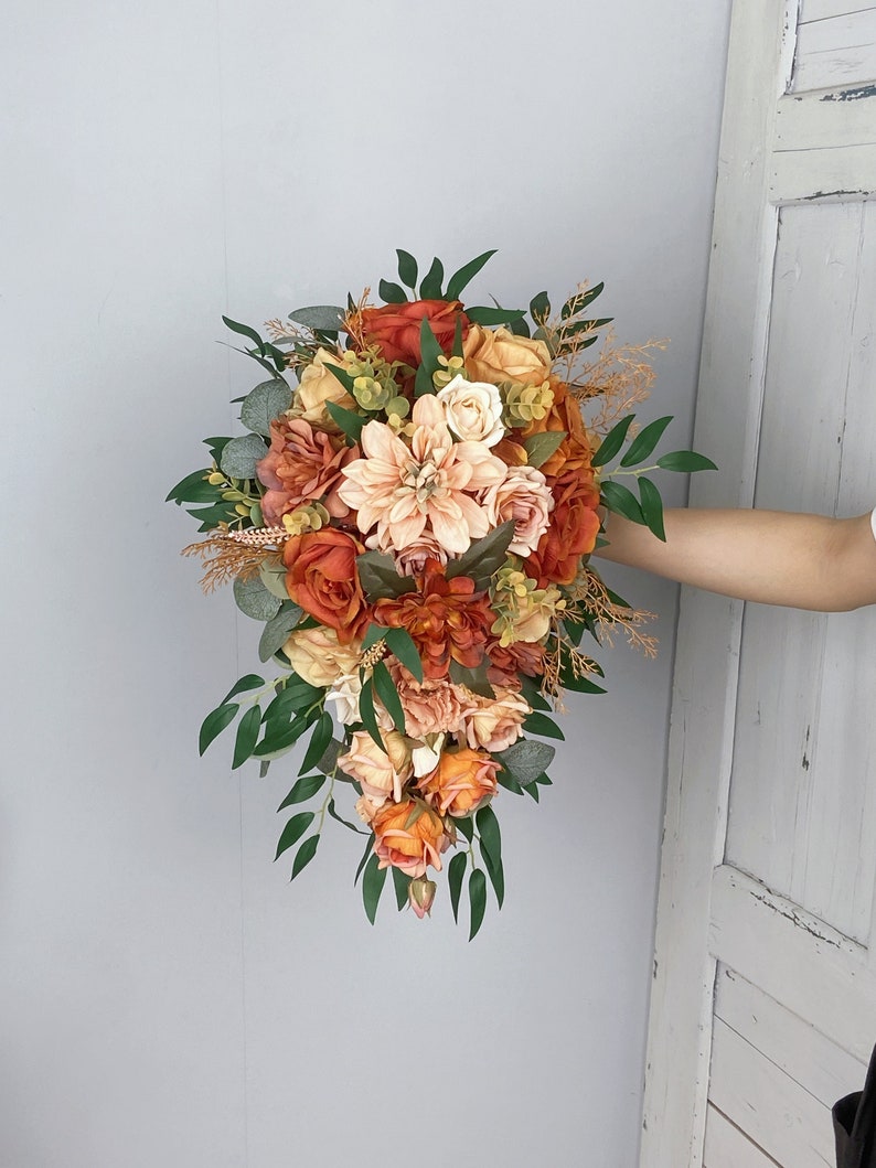 Terracotta, Rust Orange Cascading Bridal Bouquet, Teardrop Bouquet ...