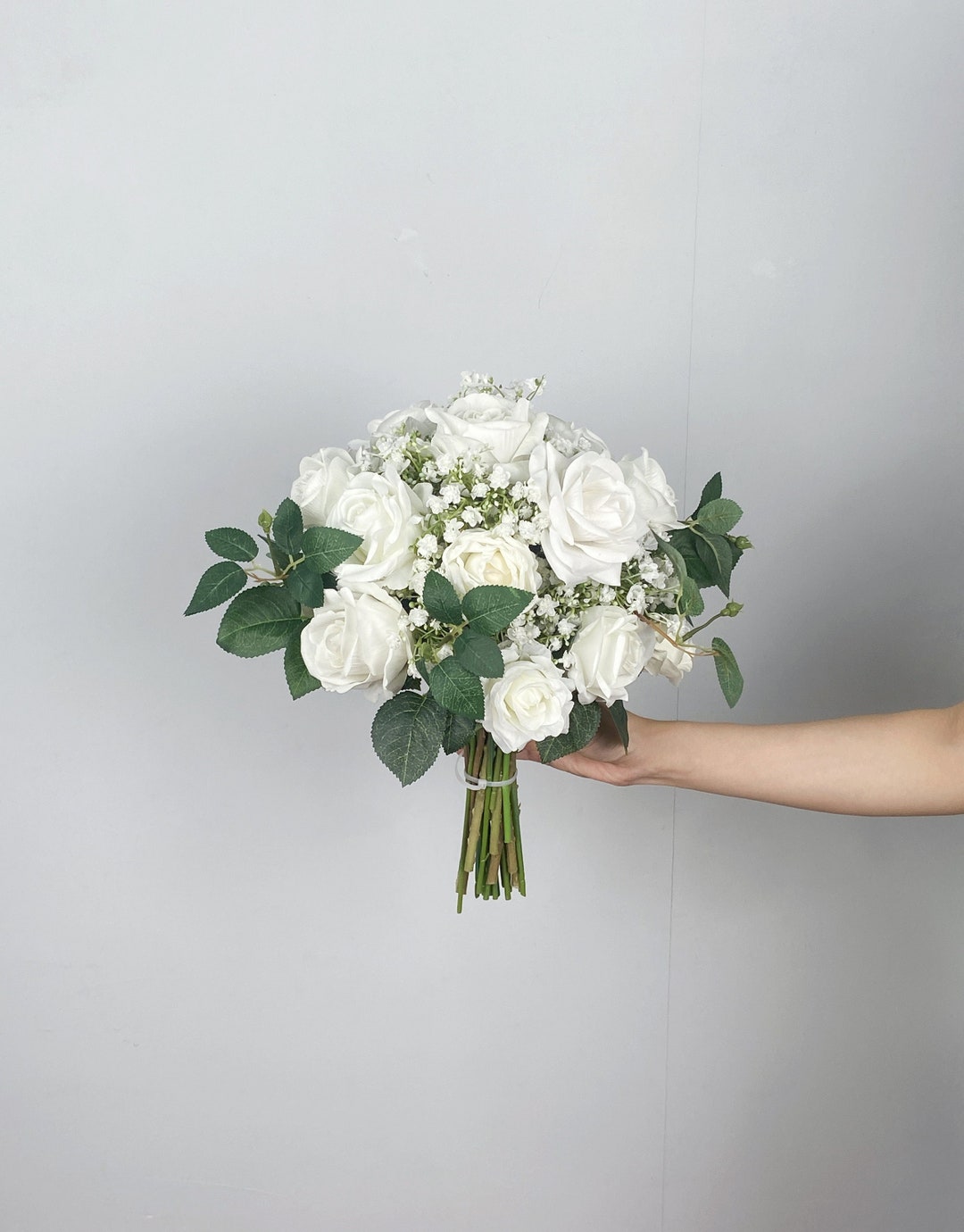 Rose and Baby's Breath Bridal Bouquet, White Wedding Bouquet, Boho Flower Bouquet, White ...