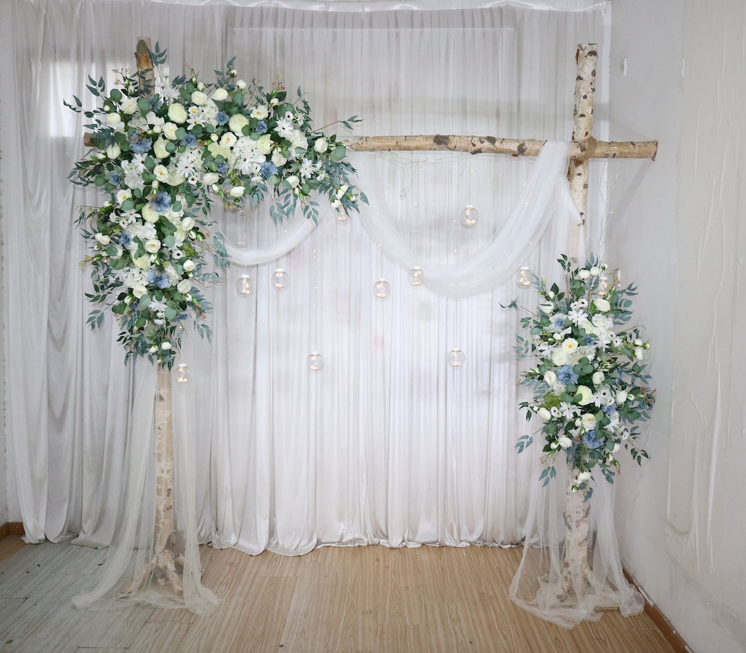White, Dusty Blue Flower Arch for Wedding, Dusty Blue Wedding Corner ...