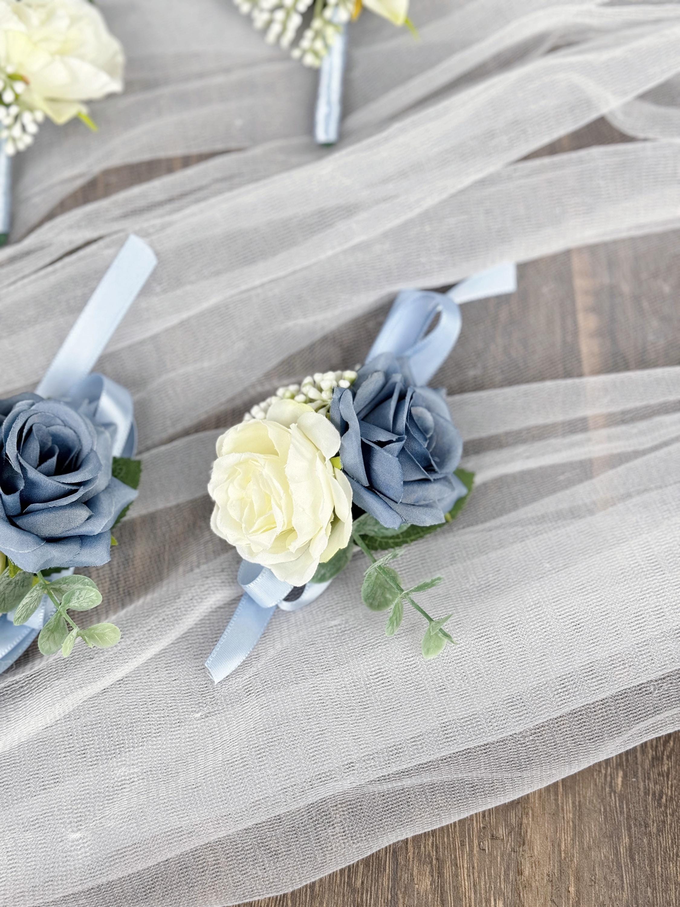 Dusty Blue Boutonniere for Men, Dusty Blue Wrist Corsage for Bridesmaid ...