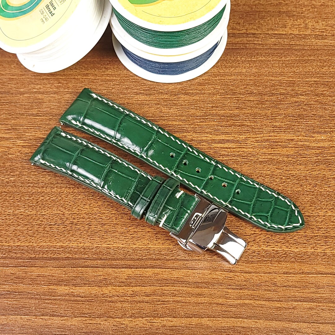 20mm Alligator Watch Strap, Green Leather Watch Band, Handmade Green ...