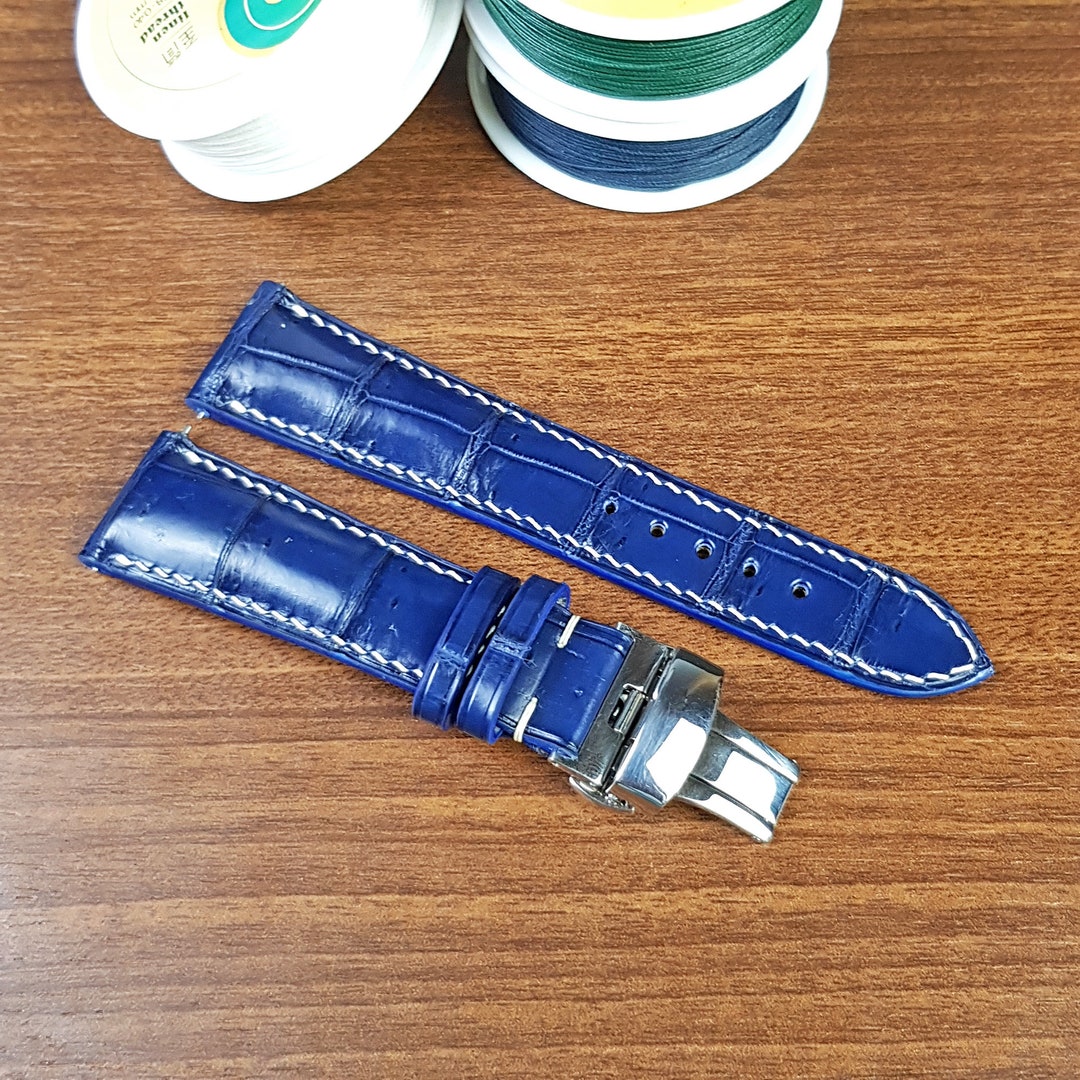 Blue Alligator Watch Strap 24mm: Handmade Leather Band Custom Size ...