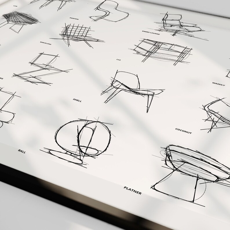 Mid-century Chair Design Art Print: Bauhaus Furniture Sketches (digital ...