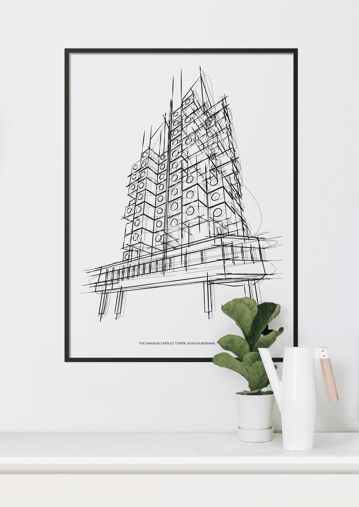 Nakagin Capsule Tower Print, Architectural Sketch Line Digital Wall Art ...
