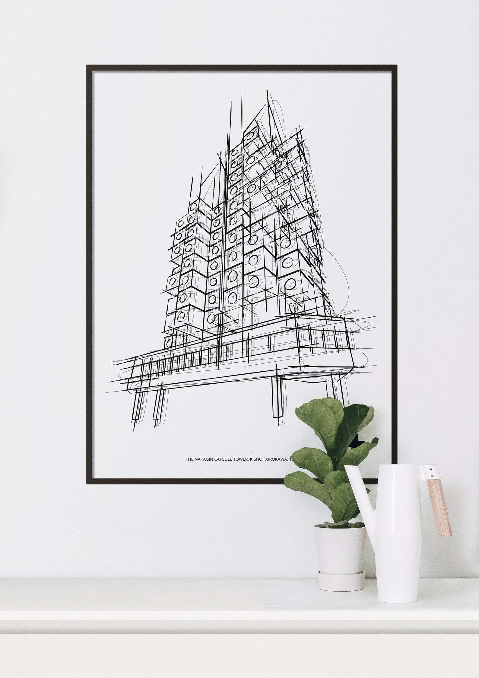 Nakagin Capsule Tower Print, Architectural Sketch Line Digital Wall Art ...