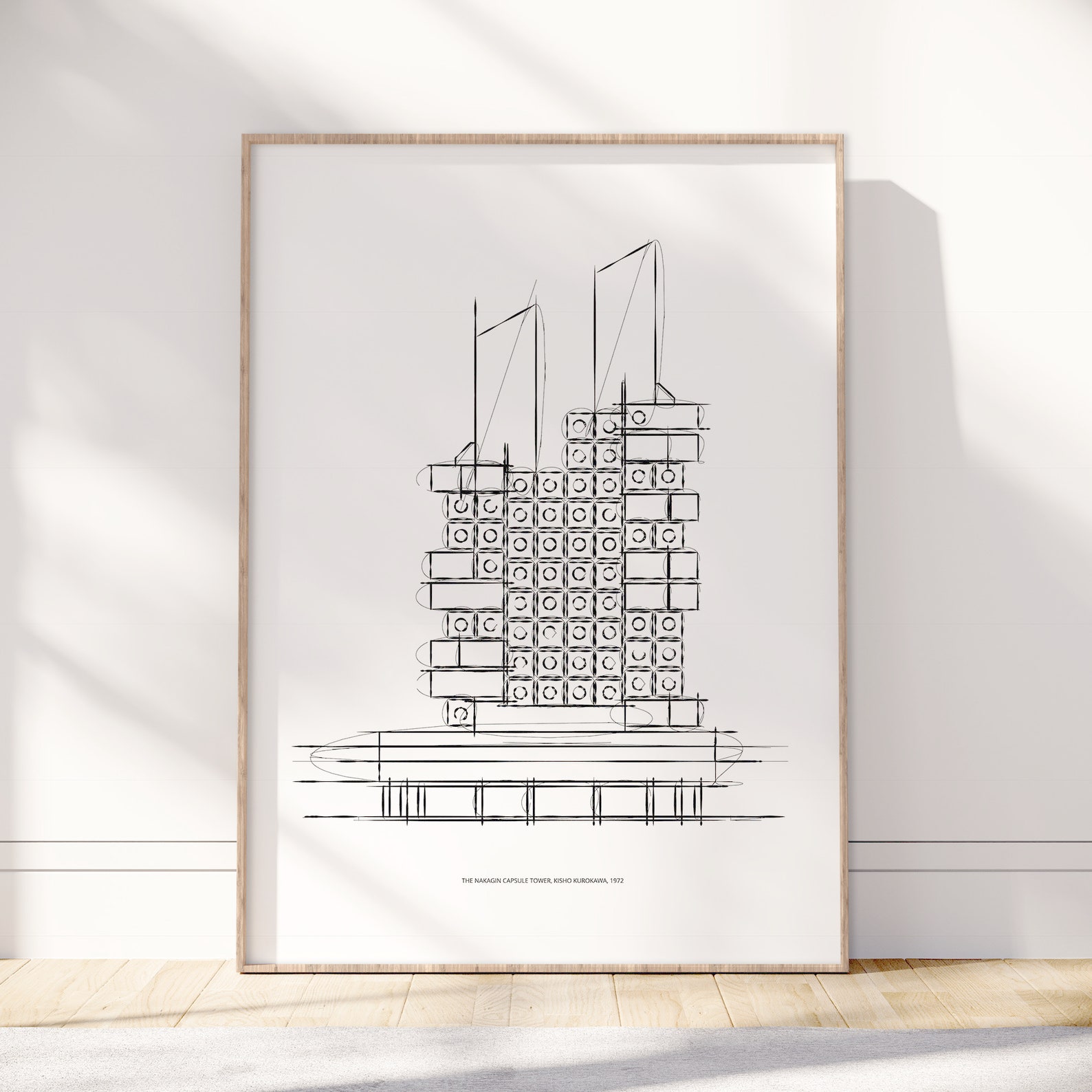 Nakagin Capsule Tower Sketch Print, Architectural Sketch Line Digital ...
