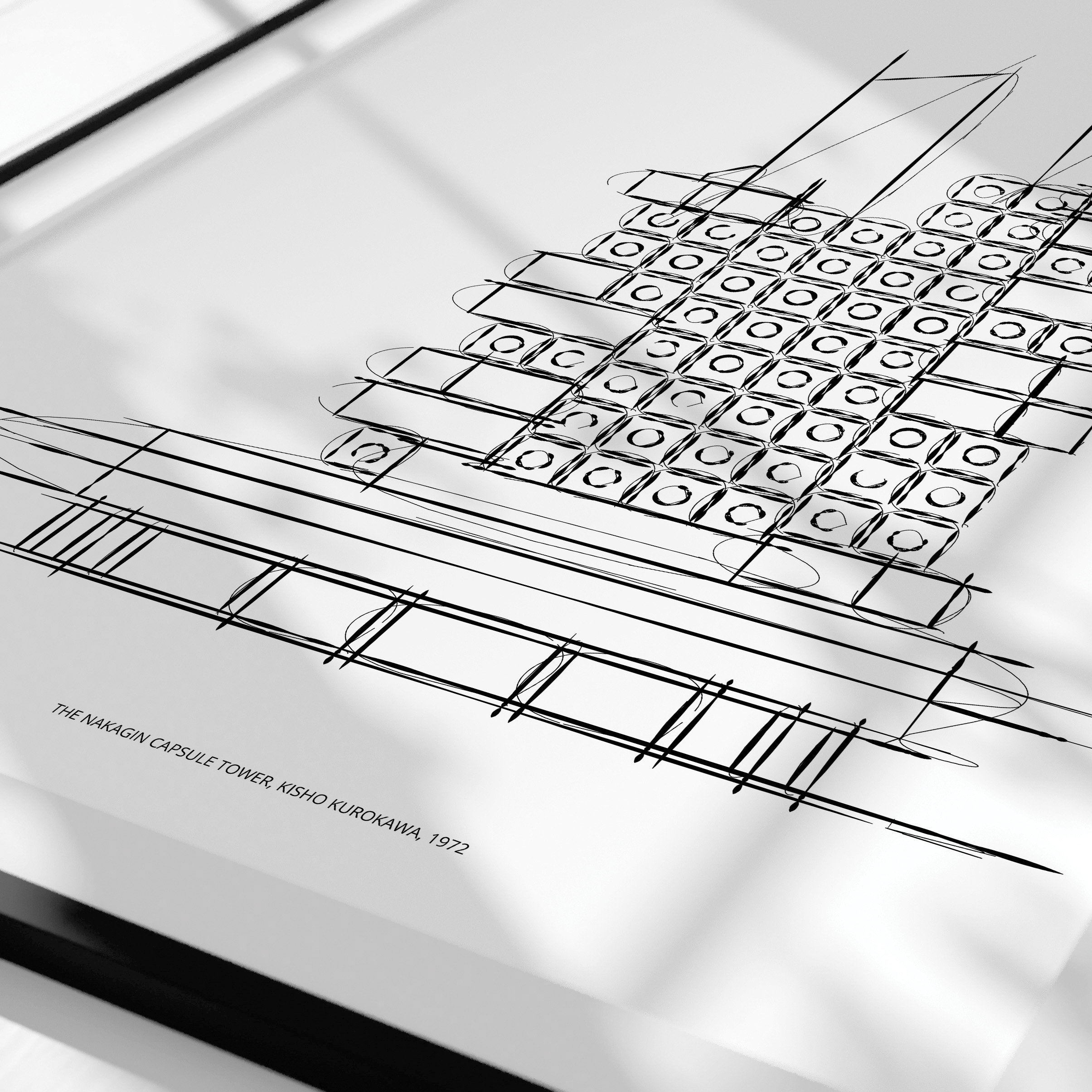 Nakagin Capsule Tower Sketch Print, Architectural Sketch Line Digital ...