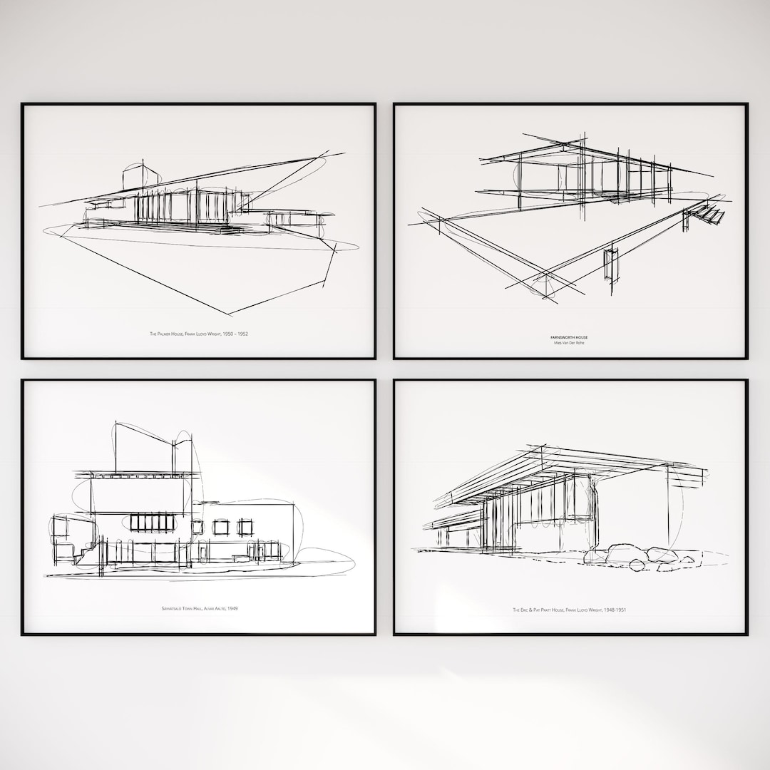 Modernist Set of 4 Iconic 1950s Architecture Sketches, Modern Black and ...