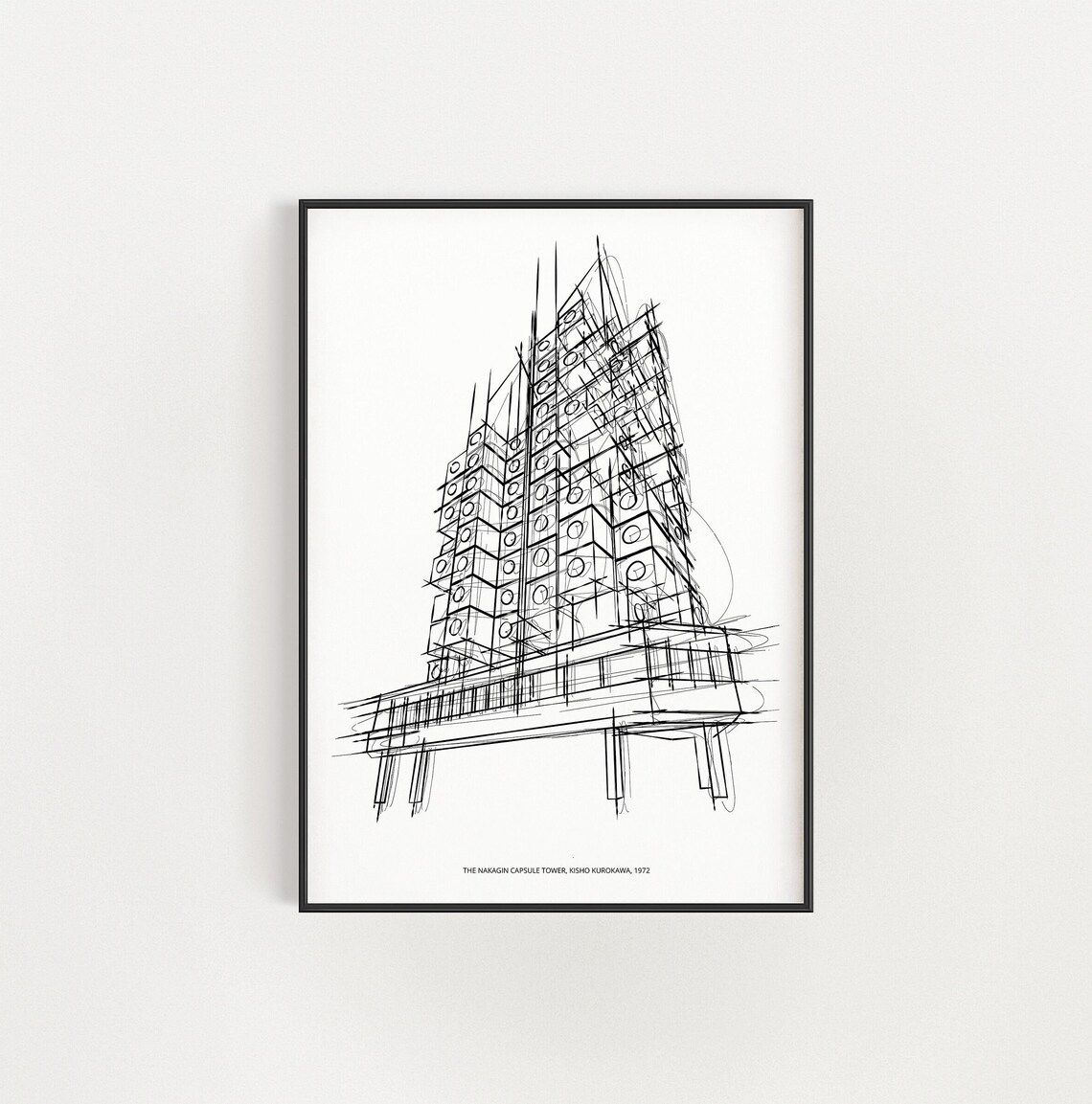 Nakagin Capsule Tower Print, Architectural Sketch Line Digital Wall Art ...