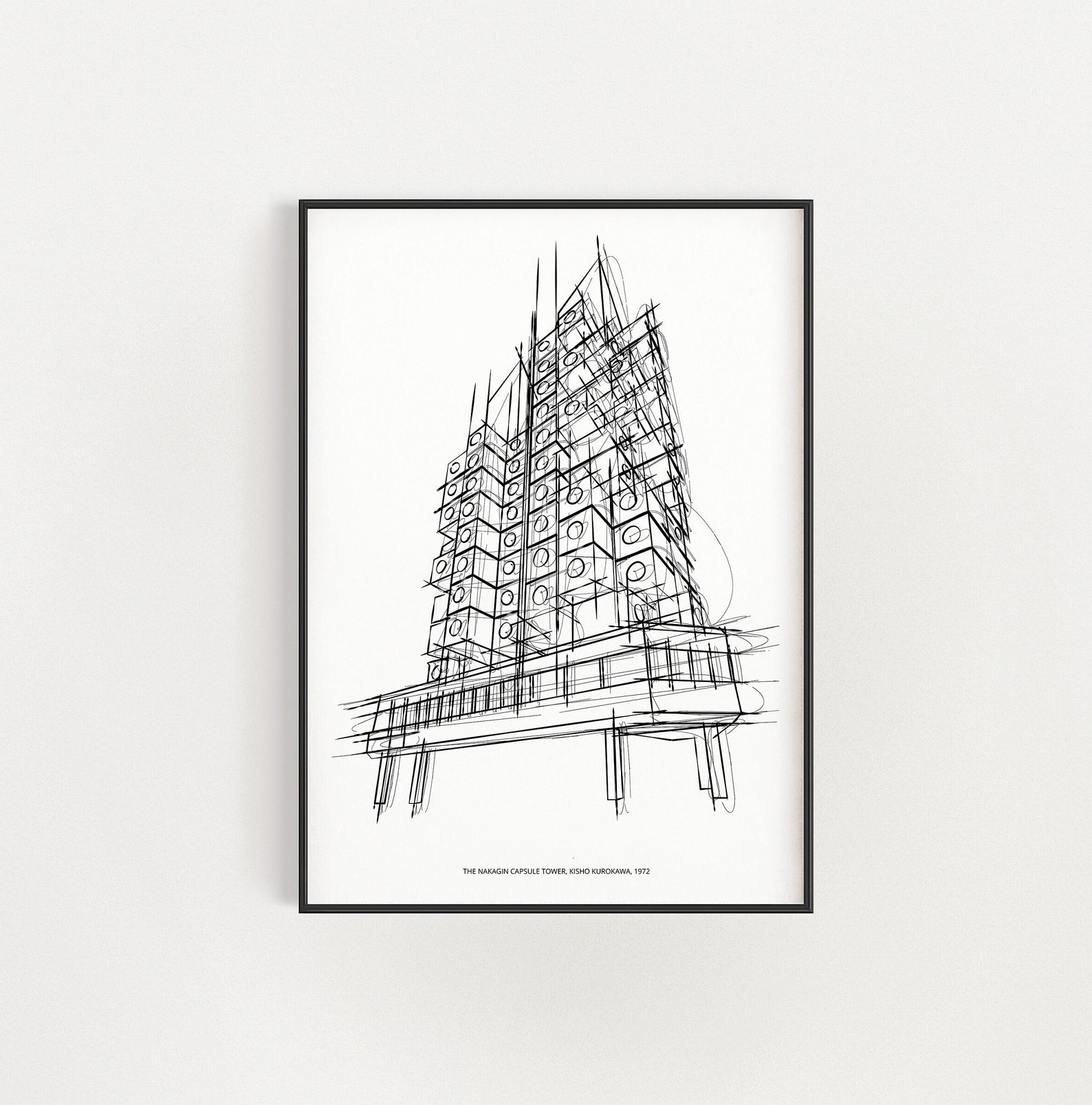 Nakagin Capsule Tower Print, Architectural Sketch Line Digital Wall Art ...
