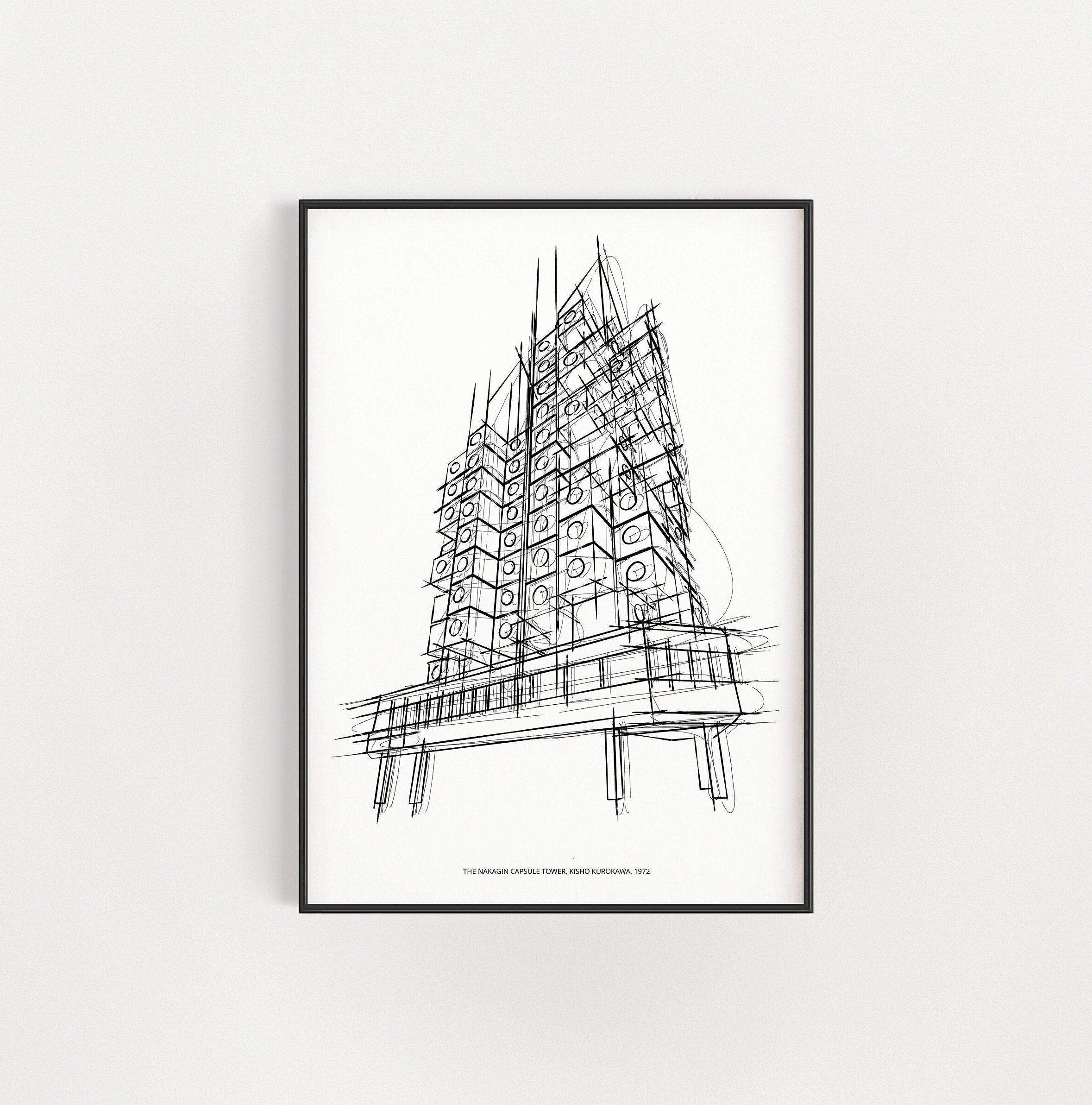 Nakagin Capsule Tower Print, Architectural Sketch Line Digital Wall Art ...