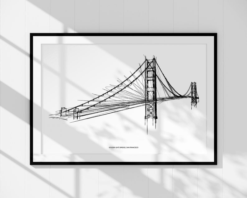 Golden Gate Bridge Sketch Art Print: San Francisco Skyline (digital ...