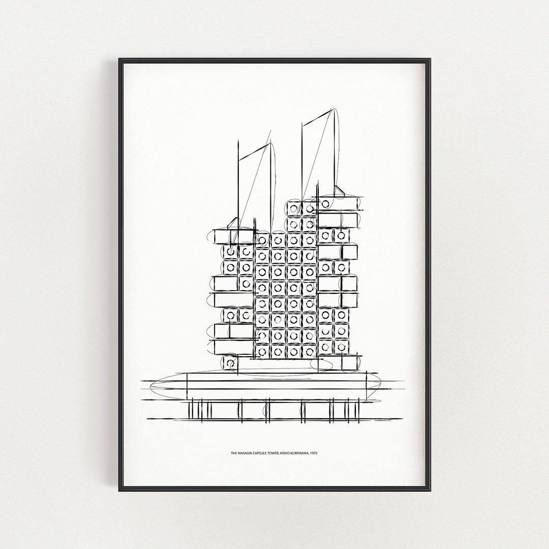 Nakagin Capsule Tower Sketch Print, Architectural Sketch Line Digital ...