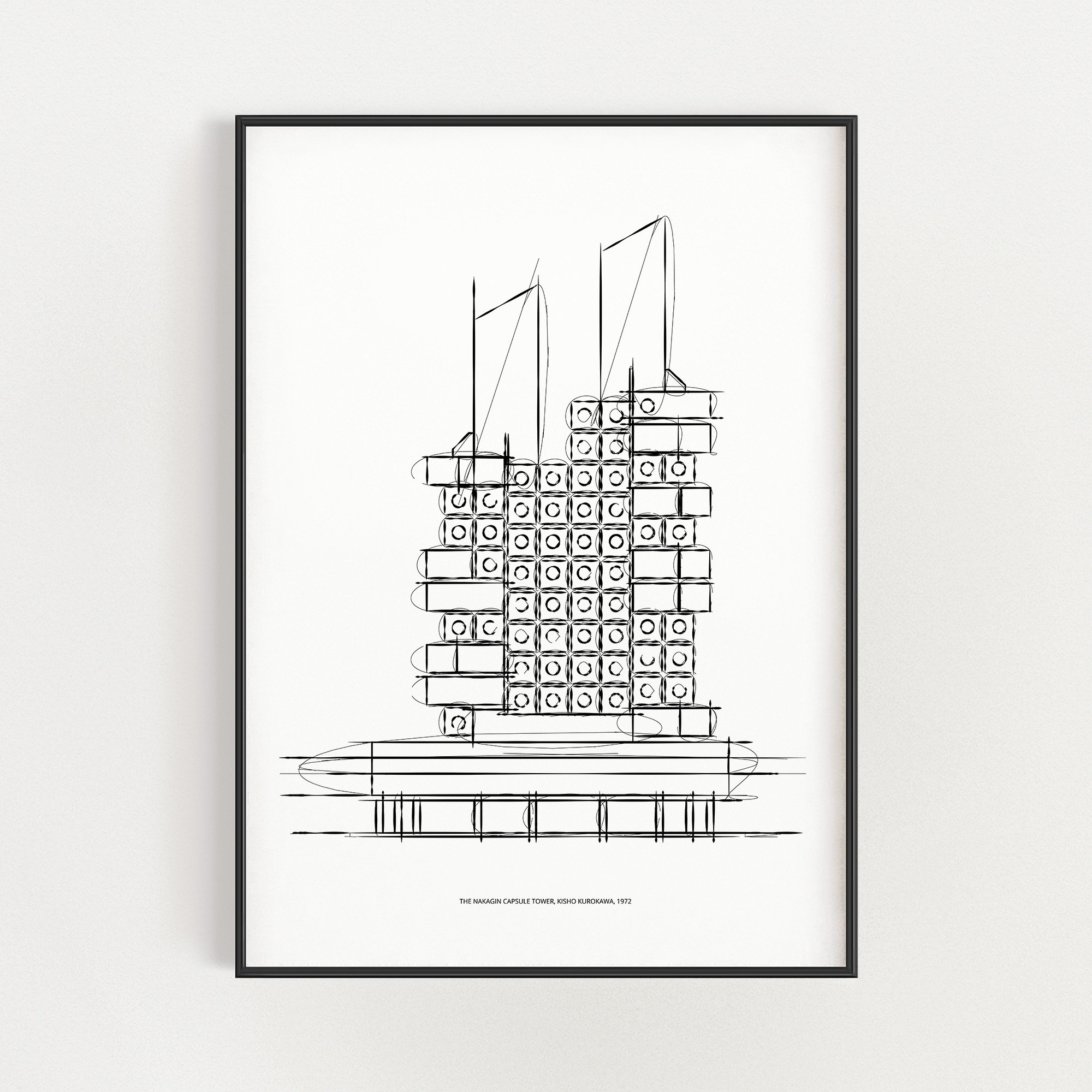 Nakagin Capsule Tower Sketch Print, Architectural Sketch Line Digital ...