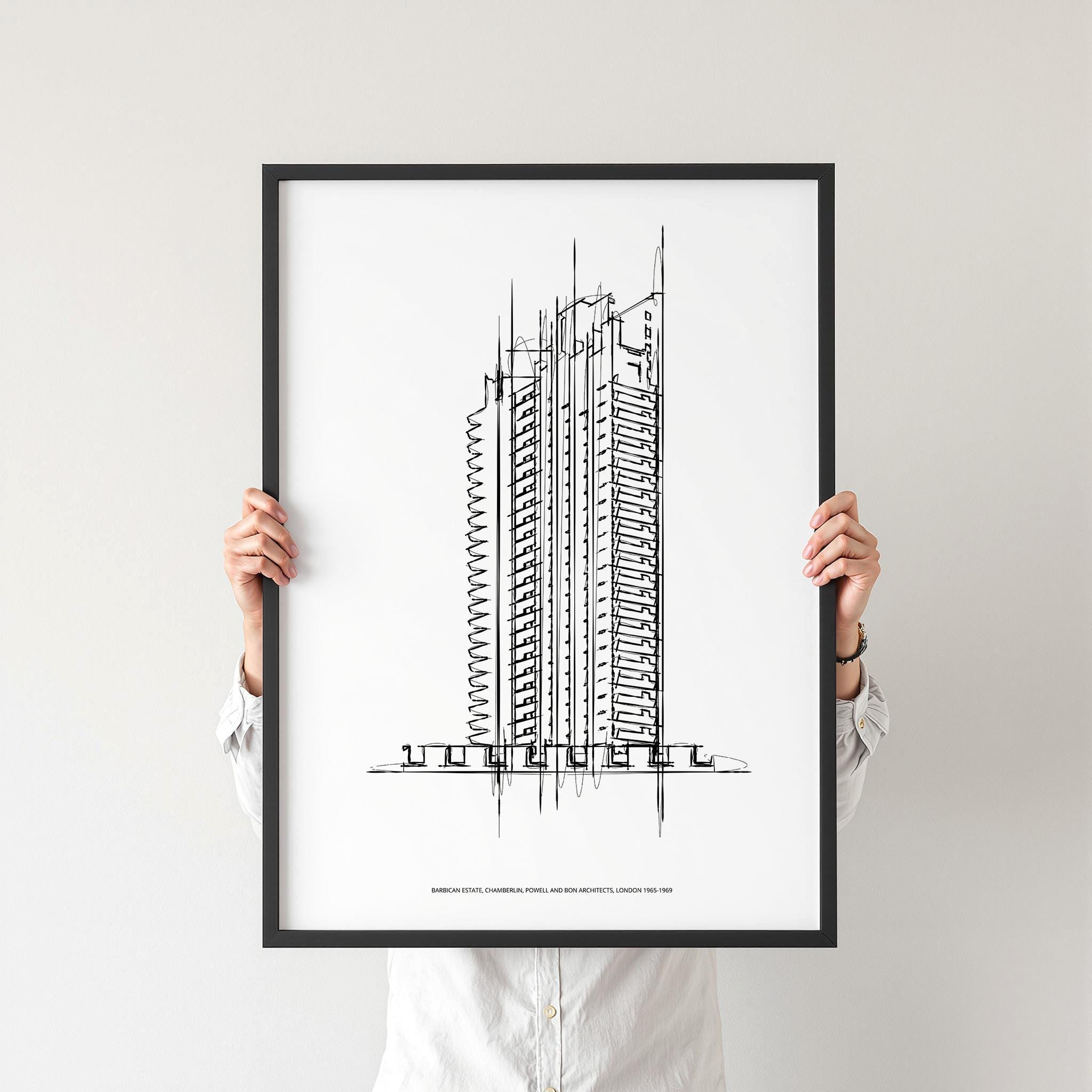Barbican Building Sketch, Iconic London Architecture, Black and White ...