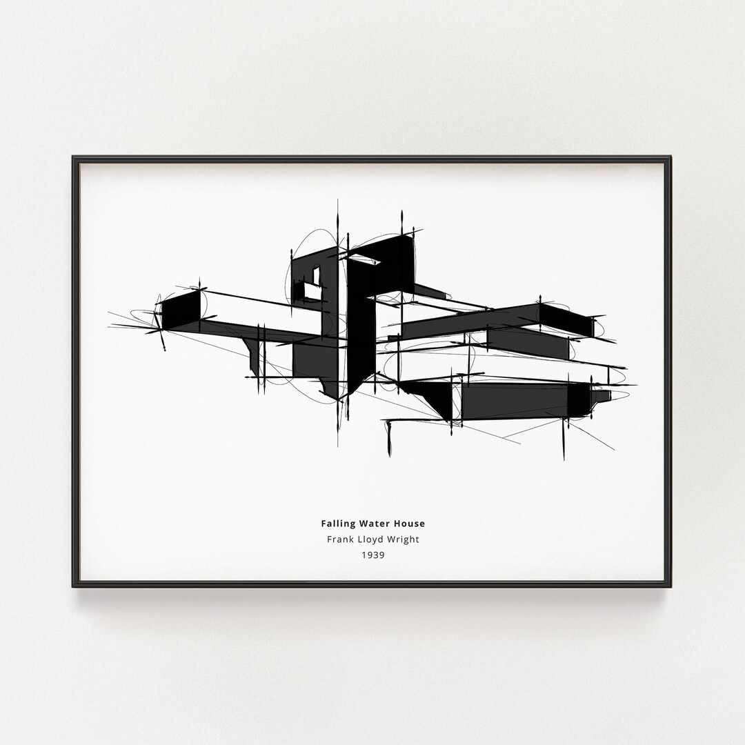 Frank Lloyd Wright's Falling Water House Sketch, Hand Drawn Minimalist ...