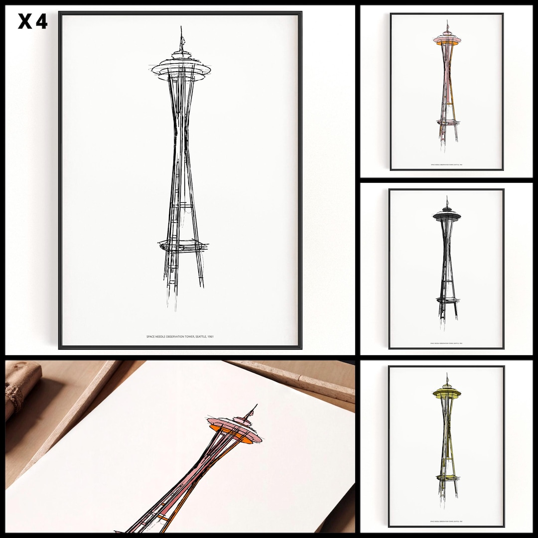 Seattle Space Needle Sketch Prints: Minimalist Architecture Art (set of ...