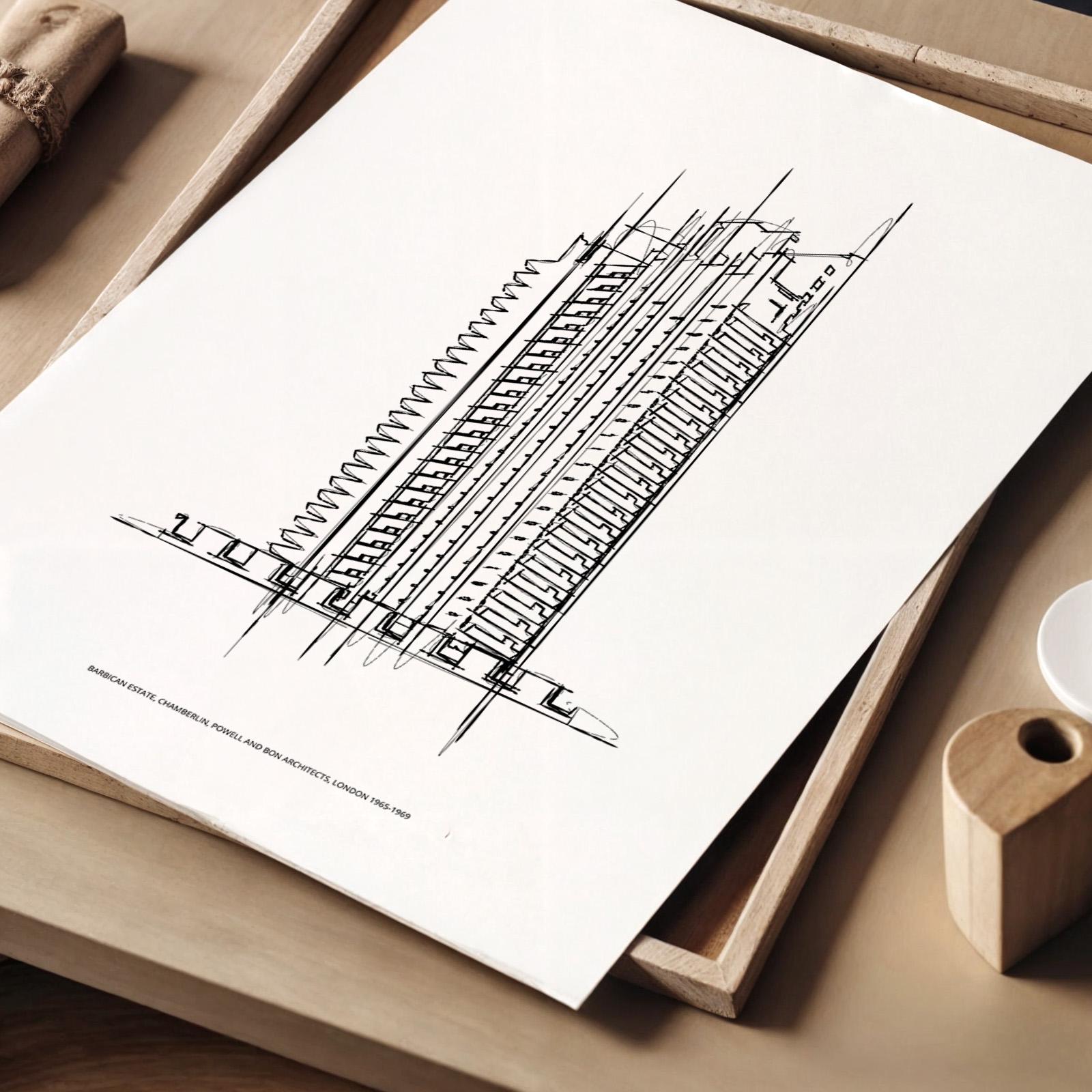 Barbican Building Sketch, Iconic London Architecture, Black and White ...