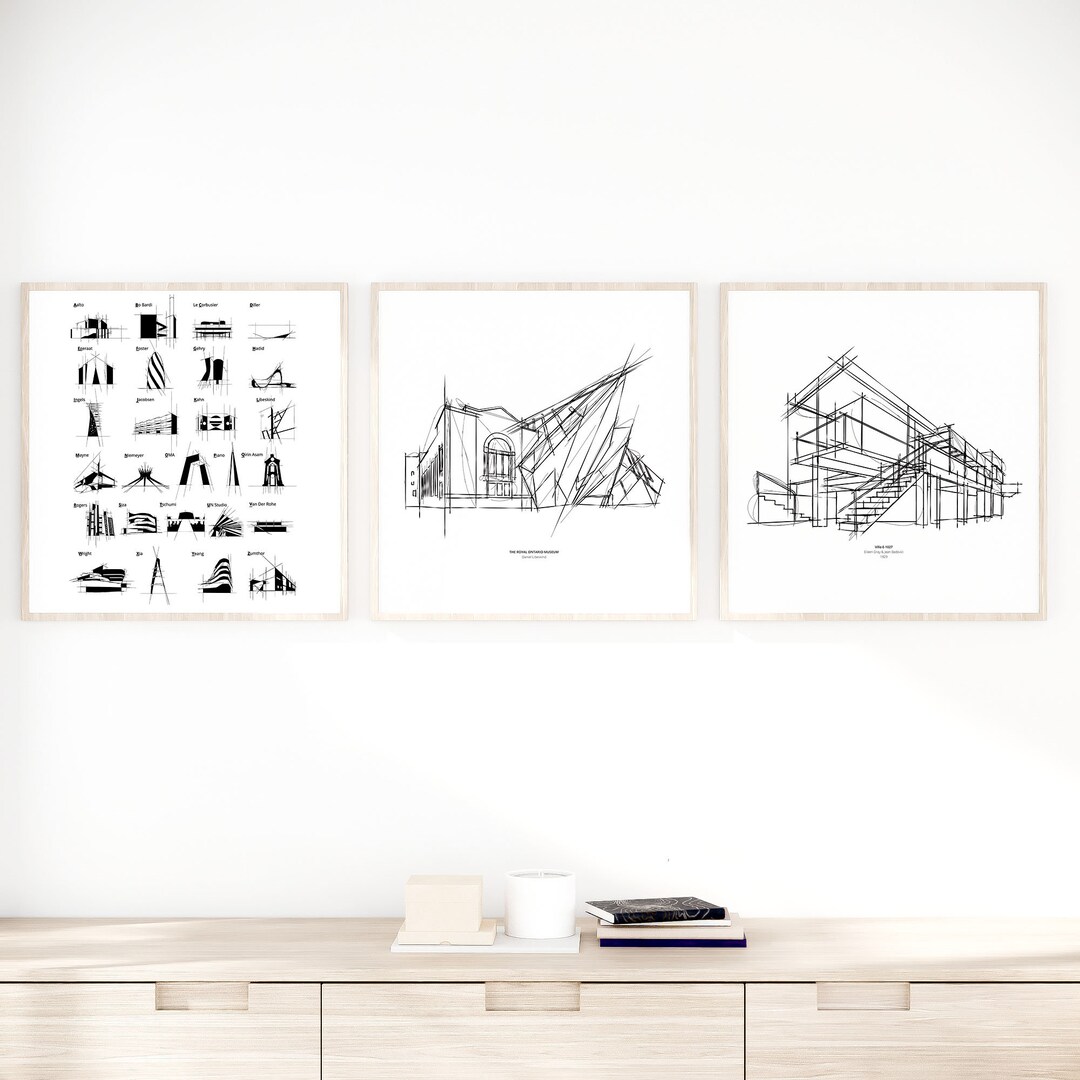 Set of 3 Modern and Contemporary Architecture, Sketch Illustration Line ...