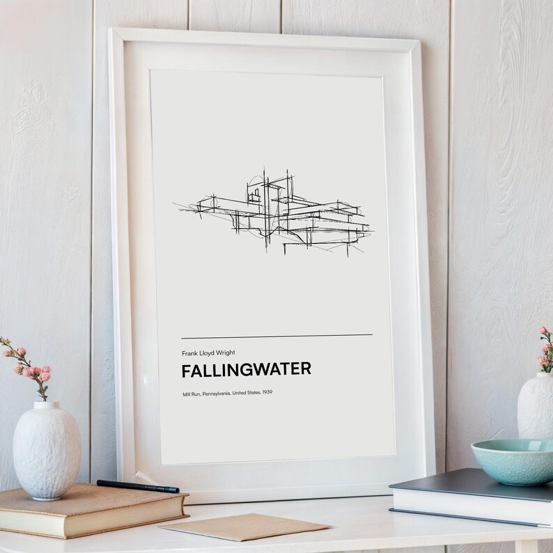 Fallingwater House Sketch Print: Frank Lloyd Wright, Architecture ...