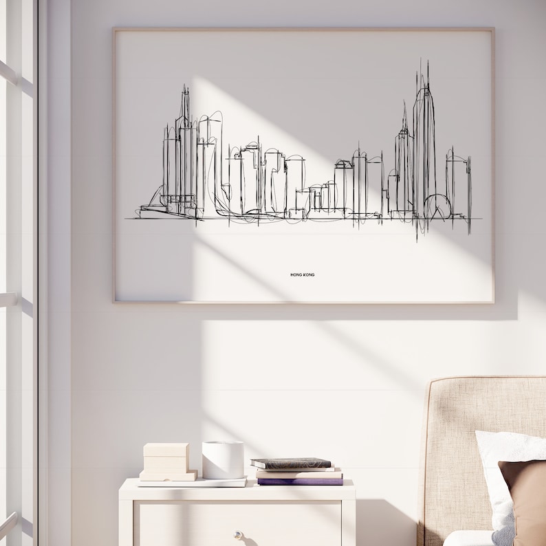 Hong Kong Skyline Sketch, Minimal Architectural Travel Wall Art ...