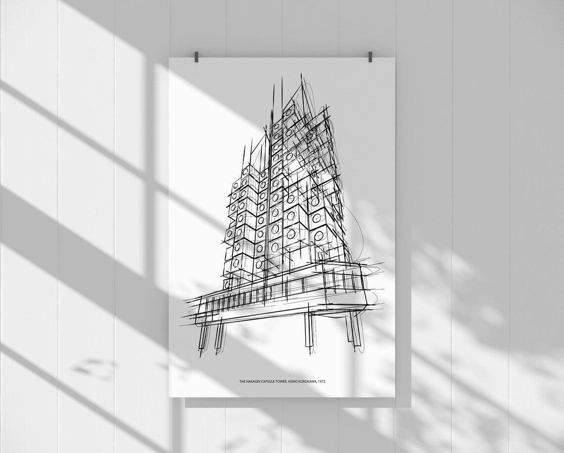 Nakagin Capsule Tower Print, Architectural Sketch Line Digital Wall Art ...