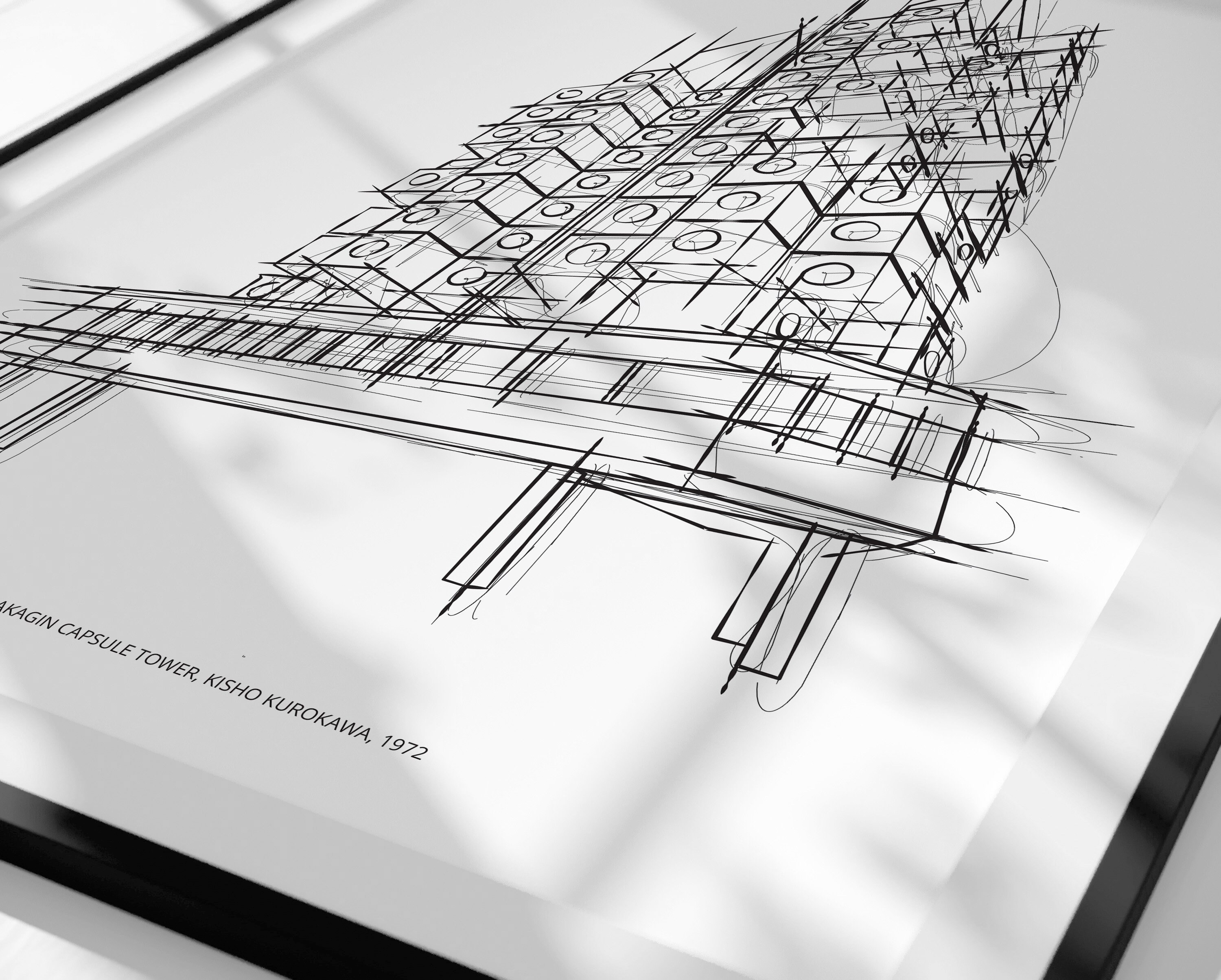 Nakagin Capsule Tower Print, Architectural Sketch Line Digital Wall Art ...