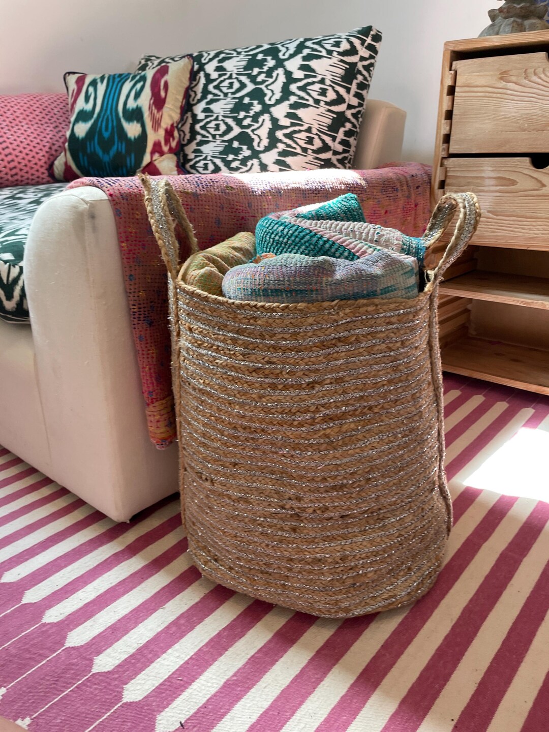 Extra Large Jute Storage Basket With Silver Threads | Laundry Hamper ...