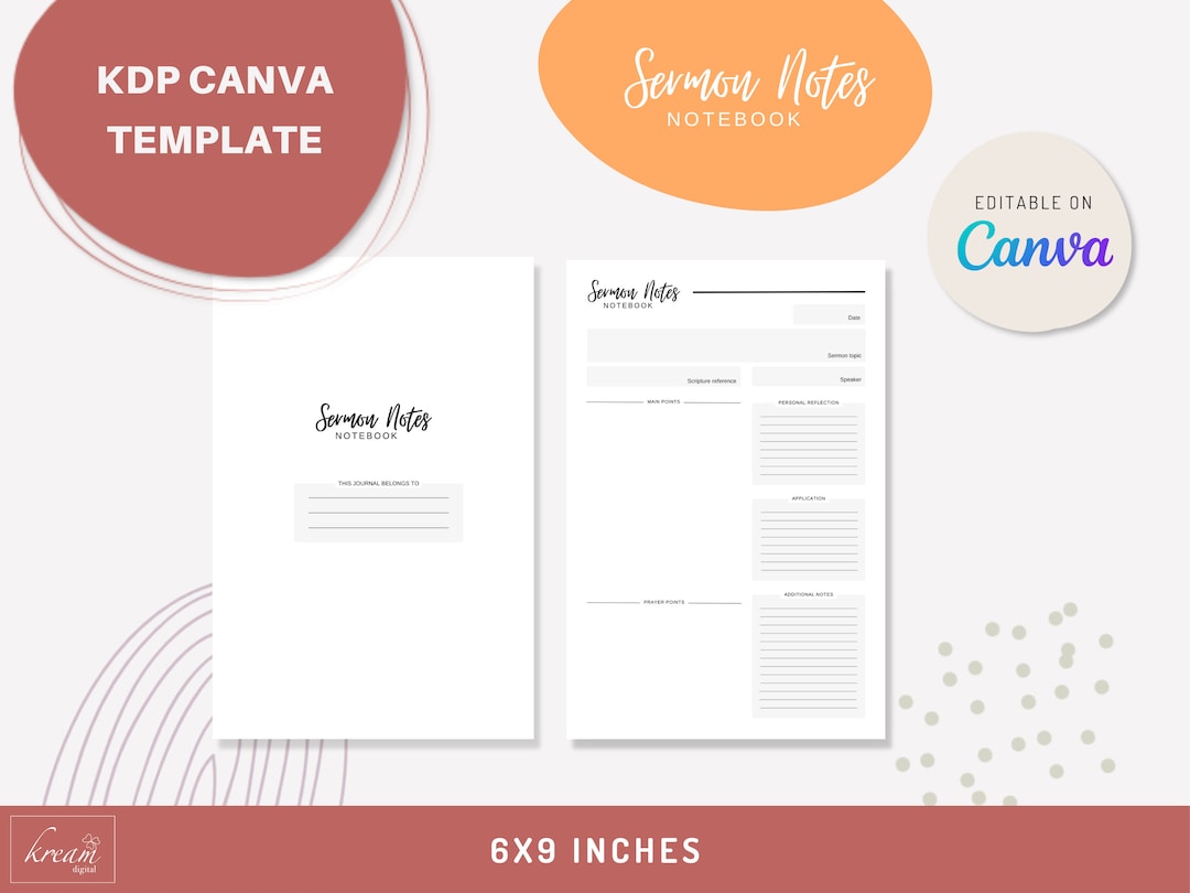 CANVA Sermon Notes Notebook | Kdp Template | 6x9 Inches | Editable in ...
