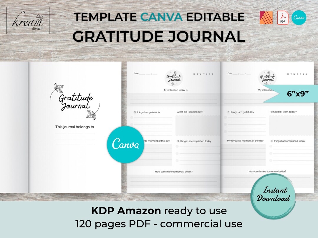 CANVA Gratitude Journal Template | 6×9 Inches | 120 Pages (BLEED) | KDP ...