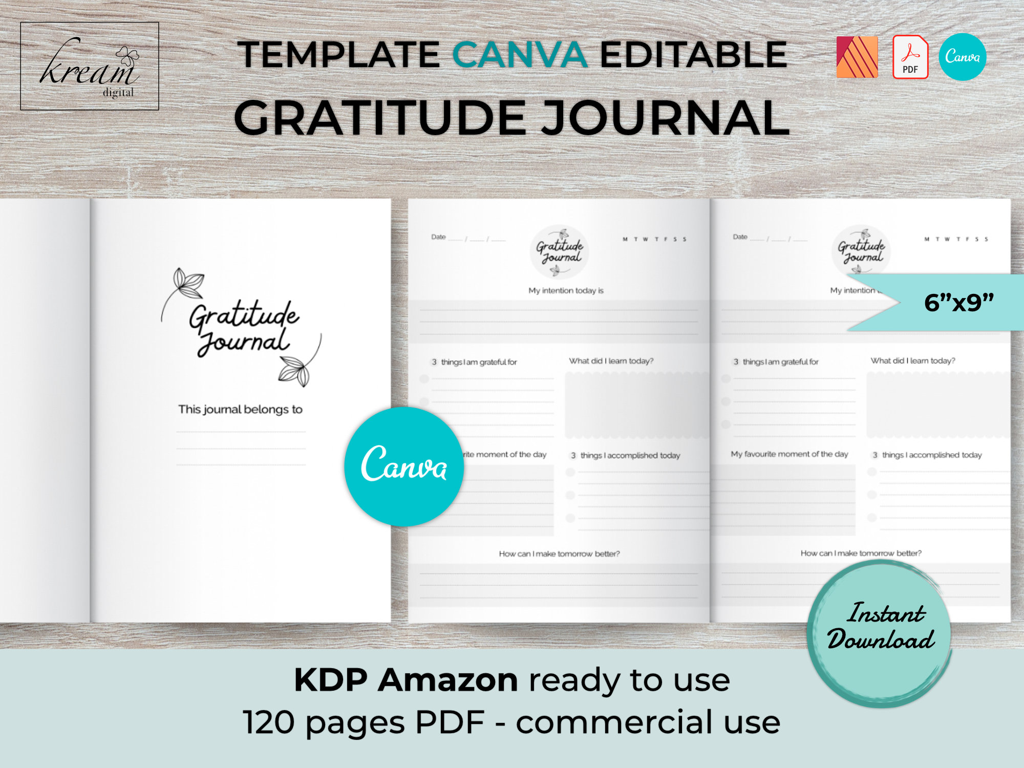 CANVA Gratitude Journal Template | 6×9 Inches | 120 Pages (BLEED) | KDP ...