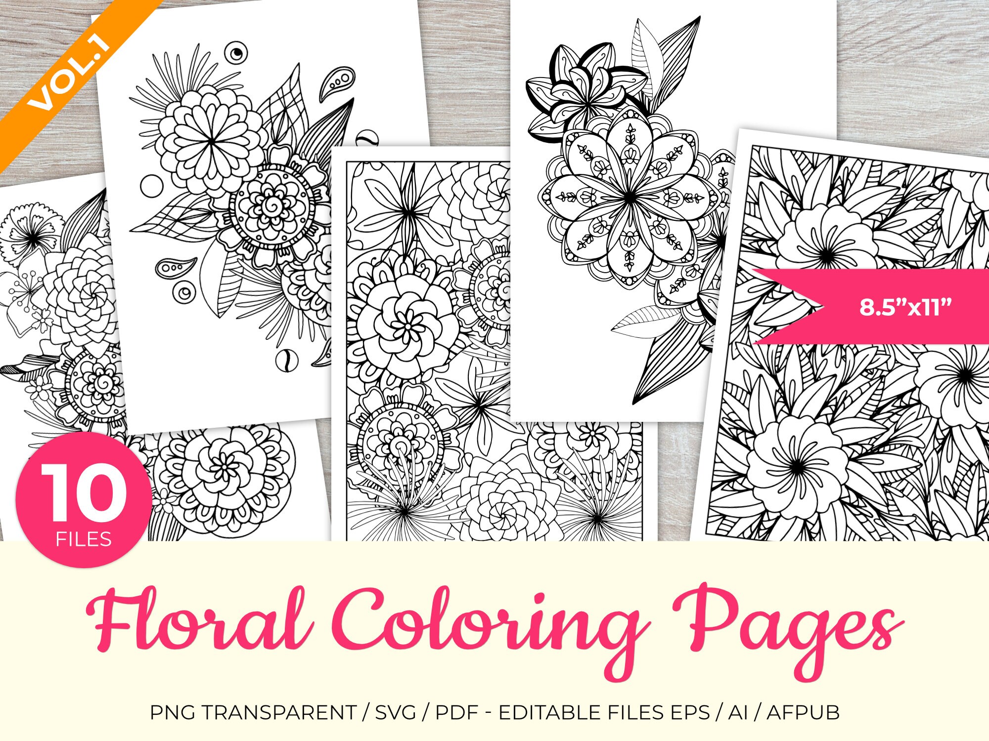 10 Floral Coloring Pages - Etsy