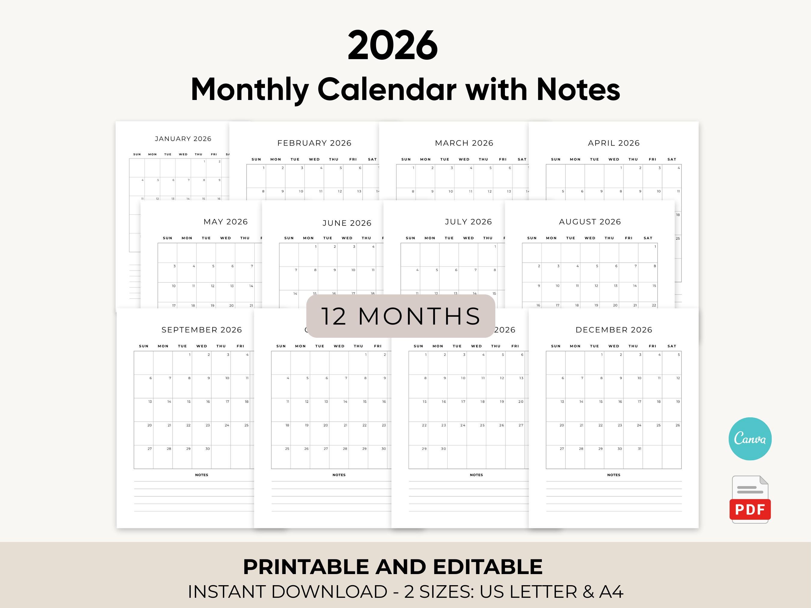 2026 Monthly Calendar Canva Template | A4 Letter Size Printable Planner ...