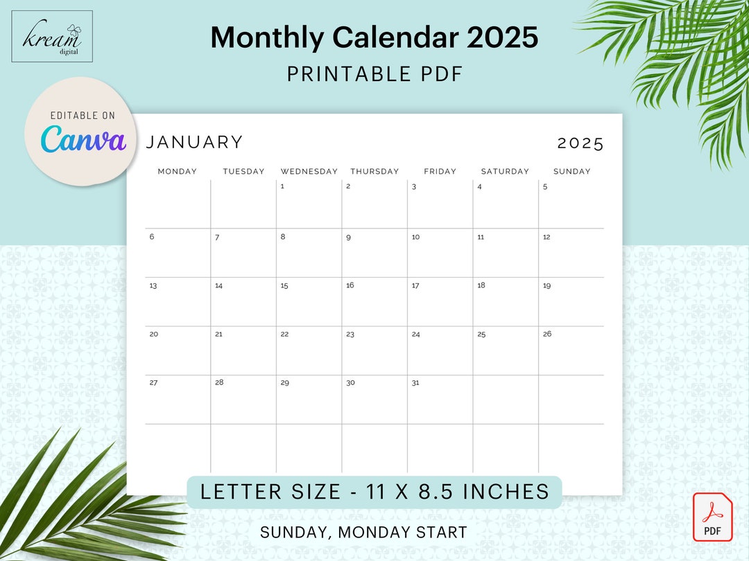 CANVA 2025 Monthly Templates | Year 2025 | Sunday and Monday Start ...