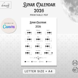 Lunar Calendar 2026 Printable - Moon Phases Calendar | Single Page A4 ...