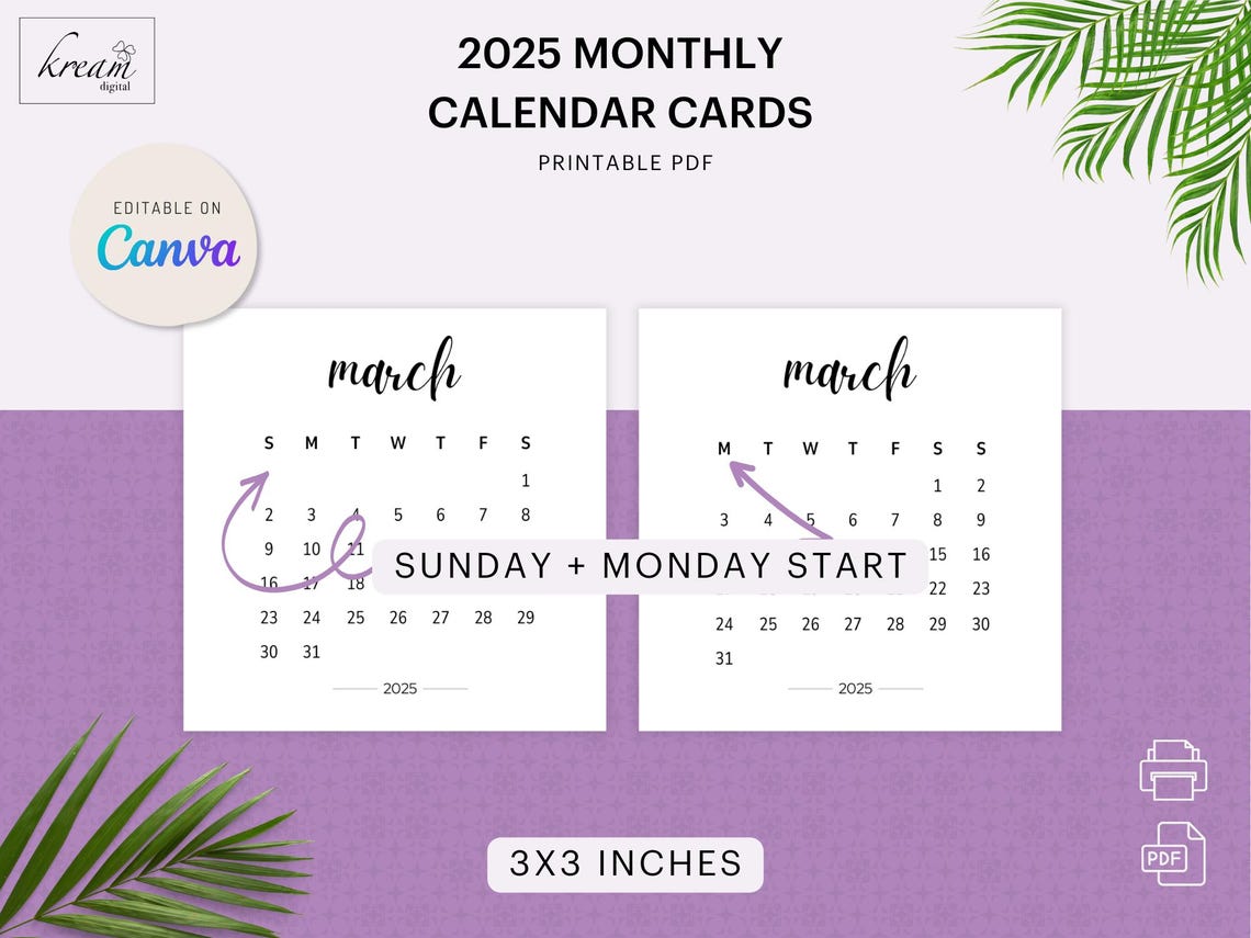 3x3 Monthly Calendar Cards | 2025 Planner Cards | Editable on Canva ...