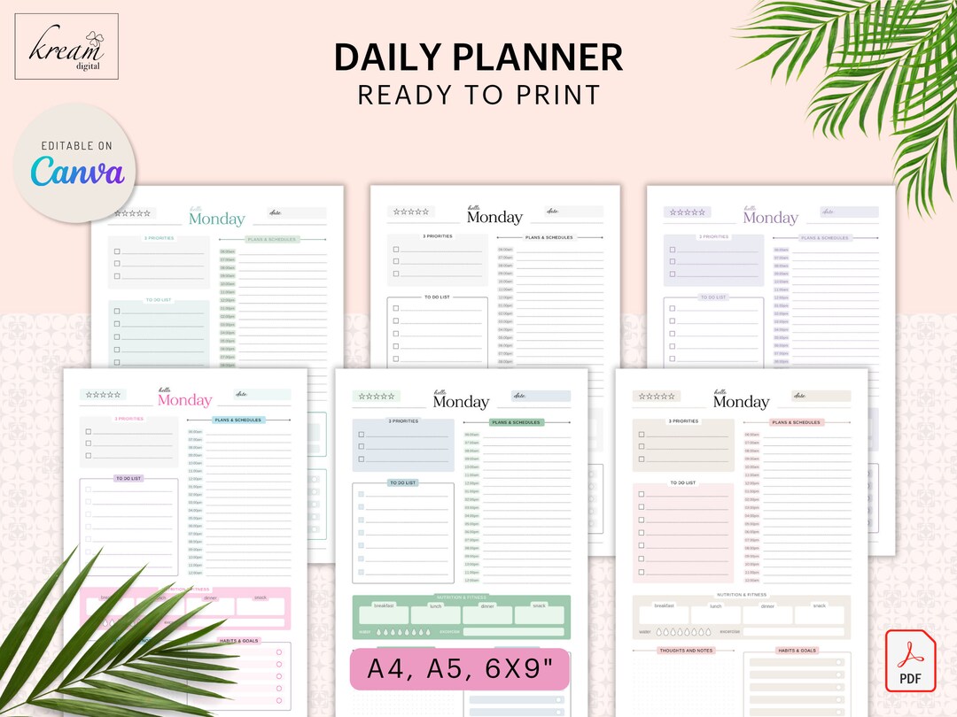 CANVA Template Daily Planner 7 Days 6 Styles Printable PDF A4, A5, 6x9 ...