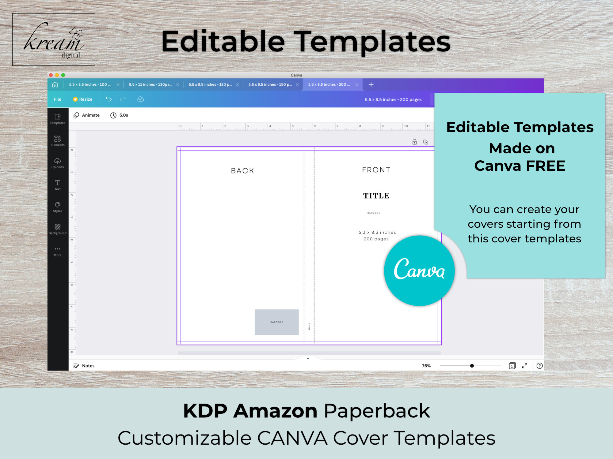 CANVA KDP Cover Templates 6.3x8.3 for 100, 120, 130, 140, 150, 200 ...