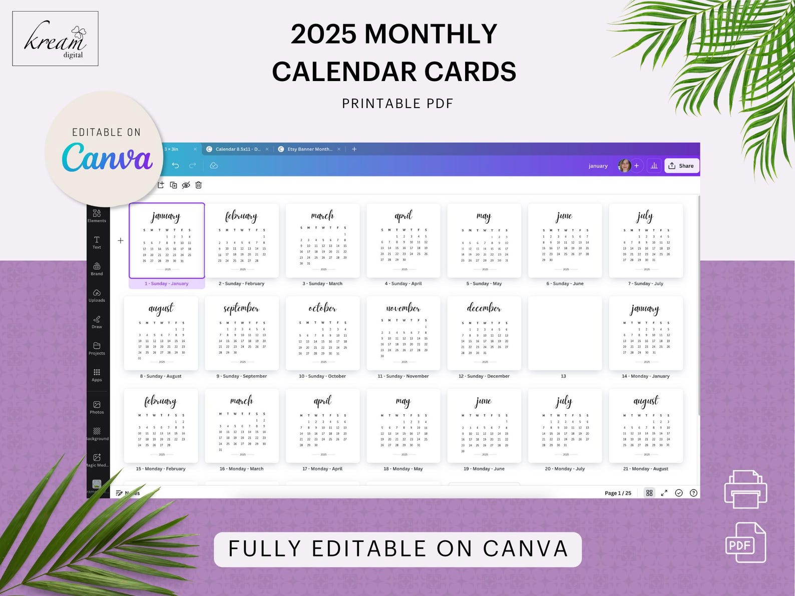 3x3 Monthly Calendar Cards | 2025 Planner Cards | Editable on Canva ...