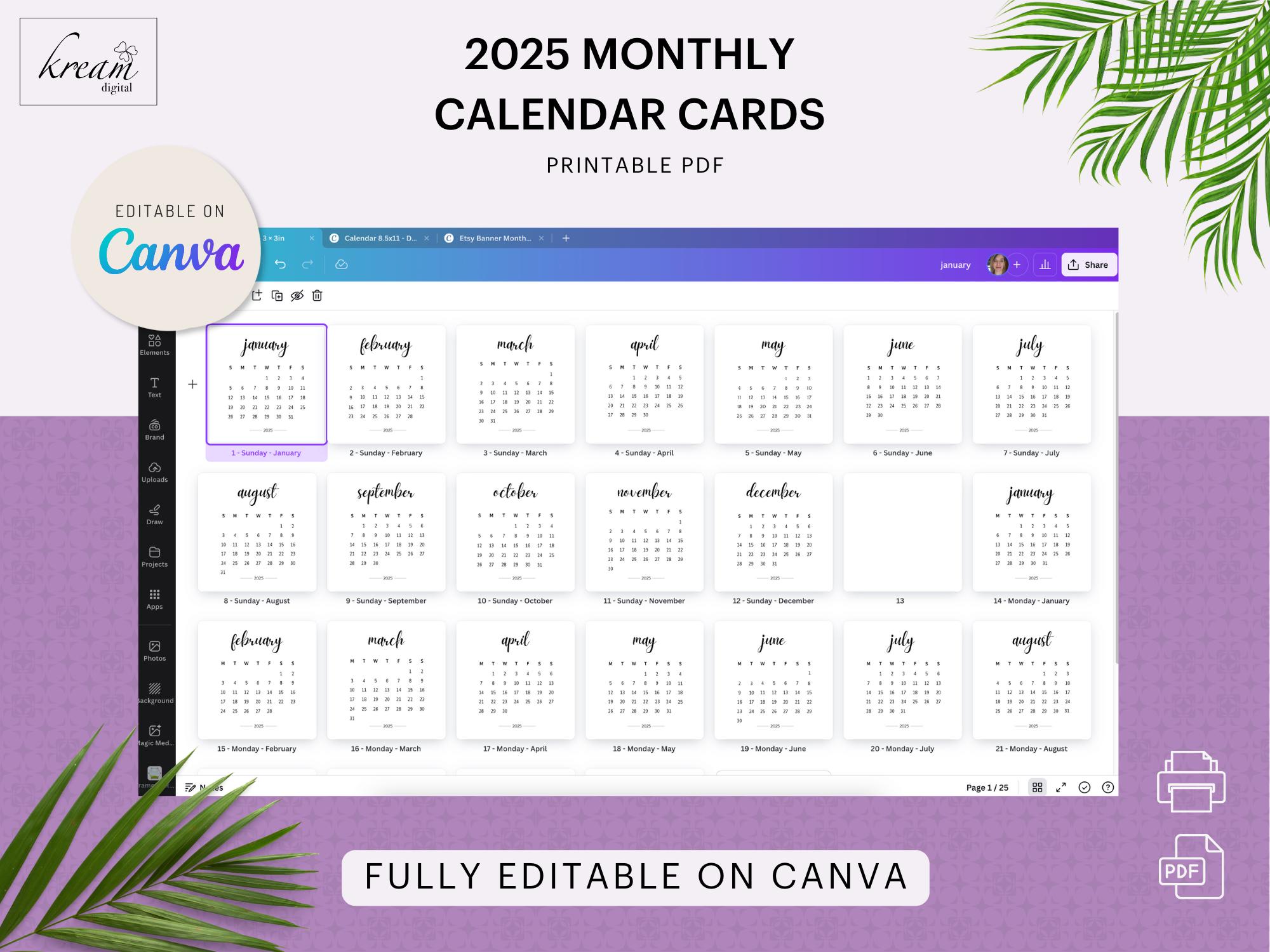 3x3 Monthly Calendar Cards | 2025 Planner Cards | Editable on Canva ...