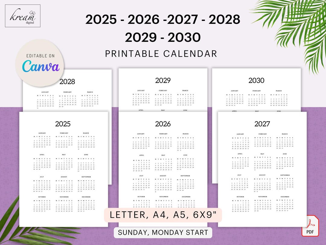 CANVA 2025, 2026, 2027, 2028, 2029, 2030 Template | Sunday and Monday ...