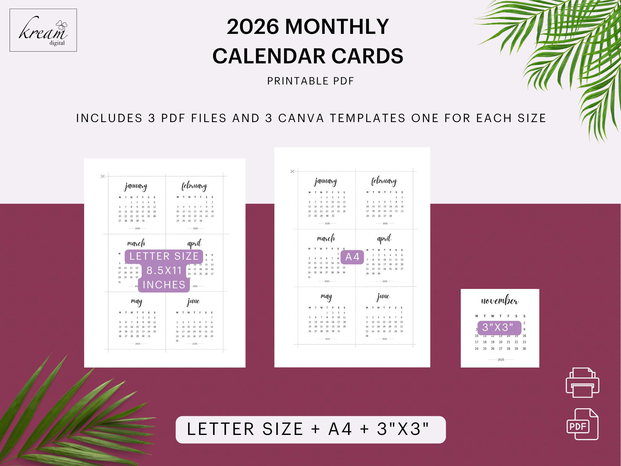 3x3 Monthly Calendar Cards | 2026 Planner Cards | Editable on Canva ...