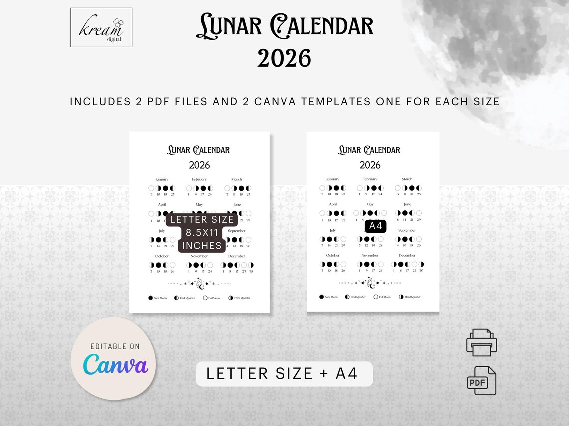 Lunar Calendar 2026 Printable - Moon Phases Calendar | Single Page A4 ...