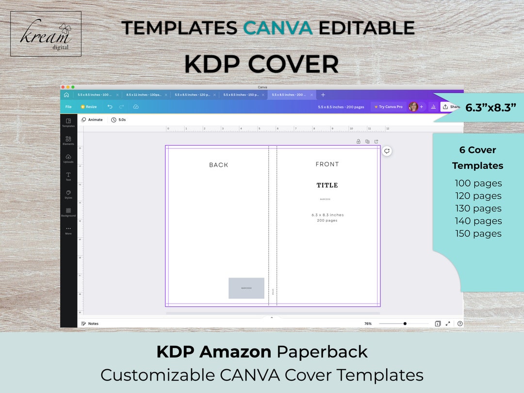 CANVA KDP Cover Templates 6.3x8.3 for 100, 120, 130, 140, 150, 200 ...