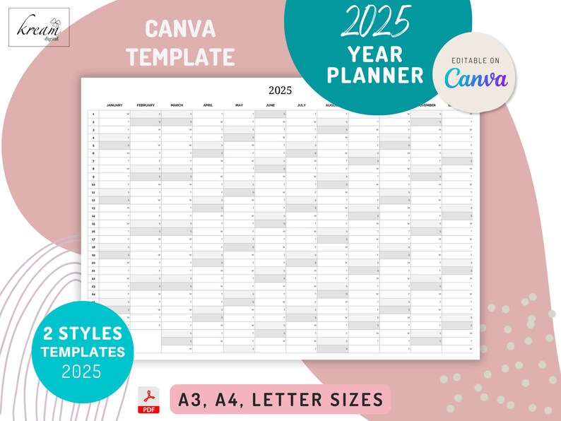 2025 One Page Year-at-a-glance Calendar, Year Planner Template ...